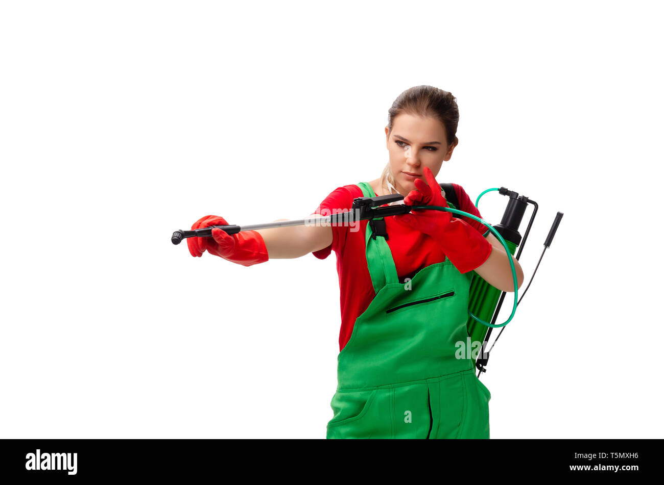 Female pest control contractor isolated on white Stock Photo - Alamy