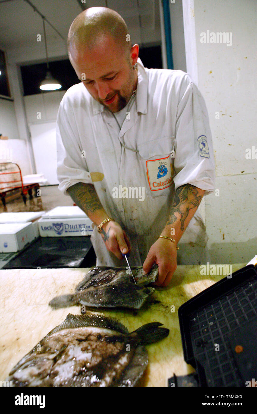 Filleting Dover Sole in the fish section of the Birmingham Wholesale ...