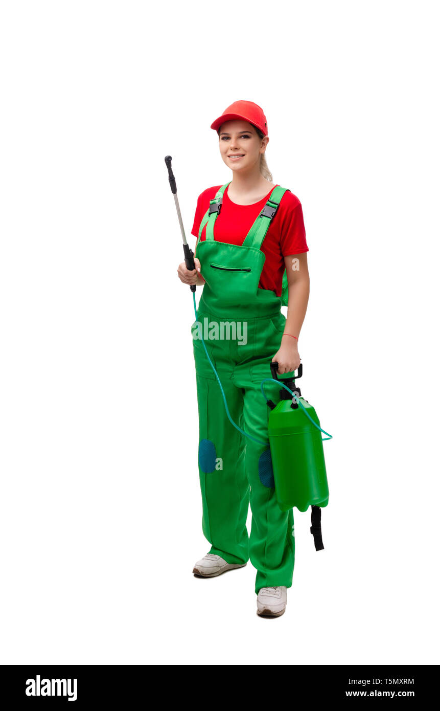 Female pest control contractor isolated on white Stock Photo - Alamy