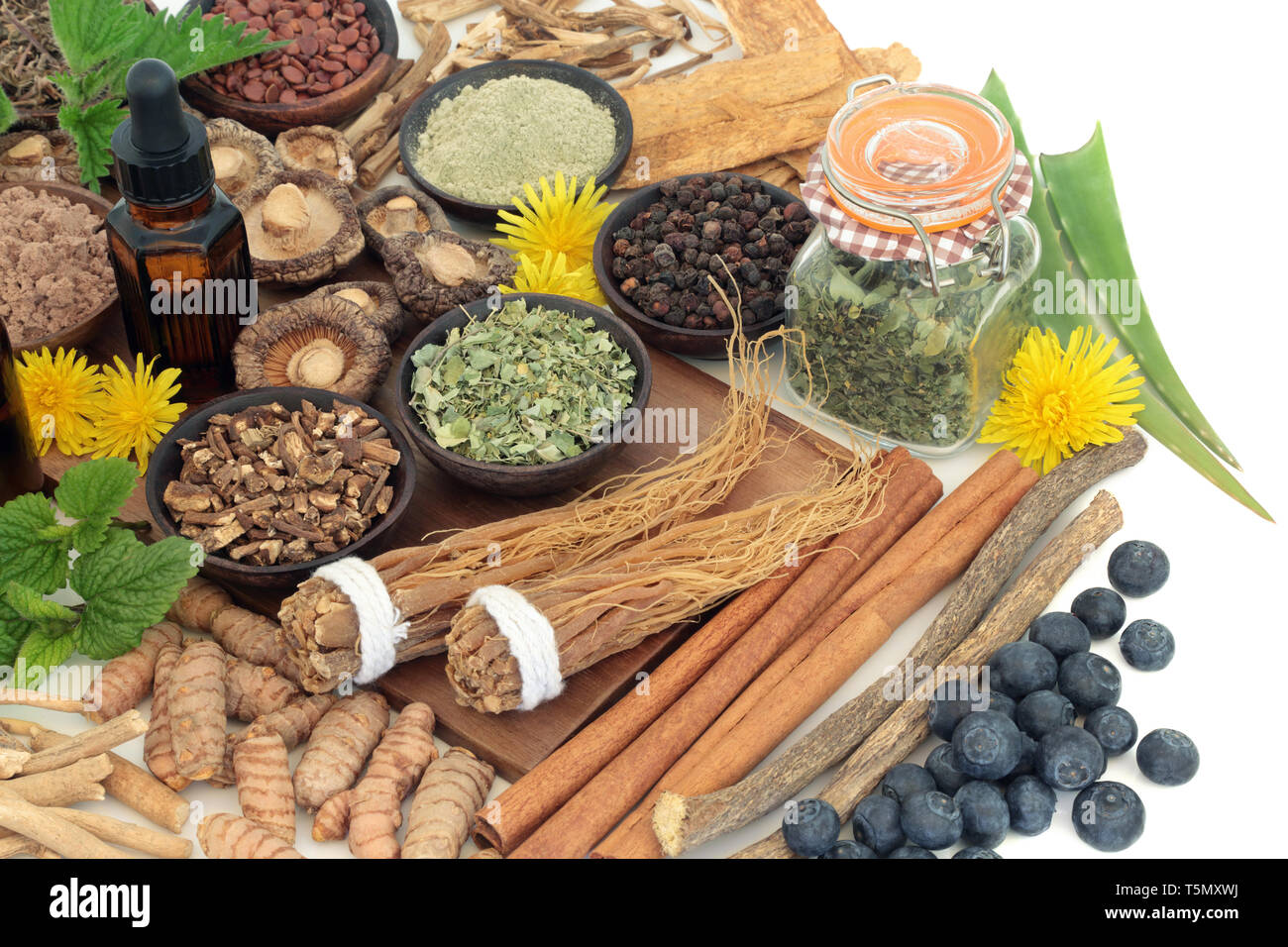 Adaptogen food with herbs, spices, fruit, essential oil and supplement ...