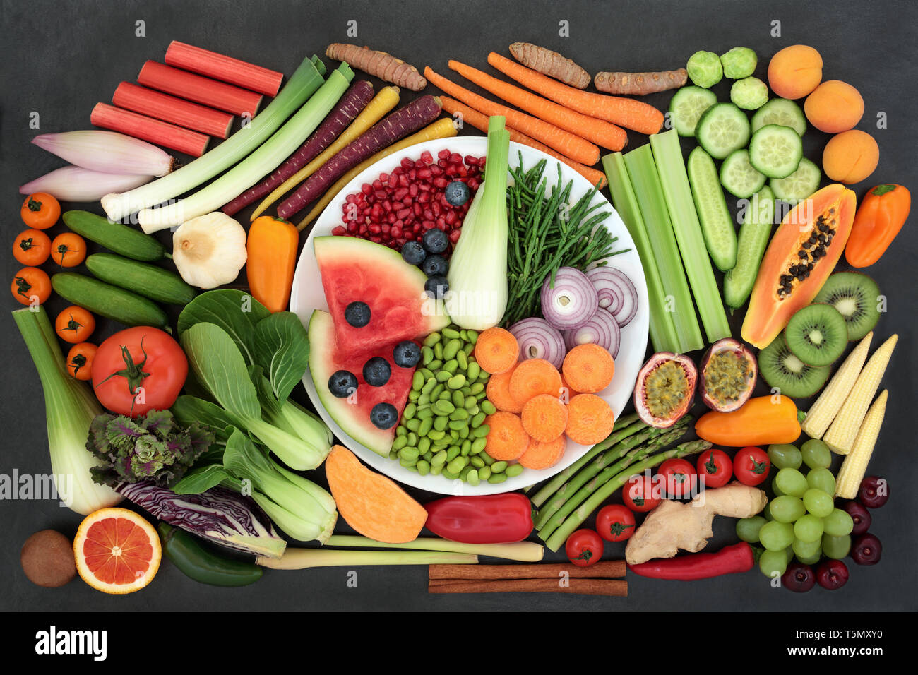 Health food for fitness concept with fresh fruit, vegetables and spices ...