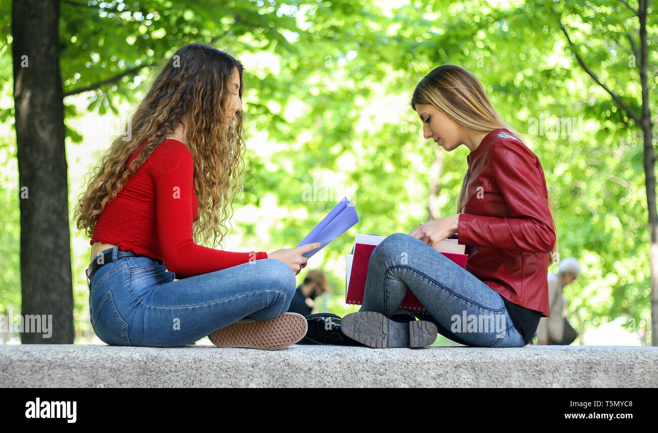 Two students studying together sitting on a bench outdoor Stock Photo ...