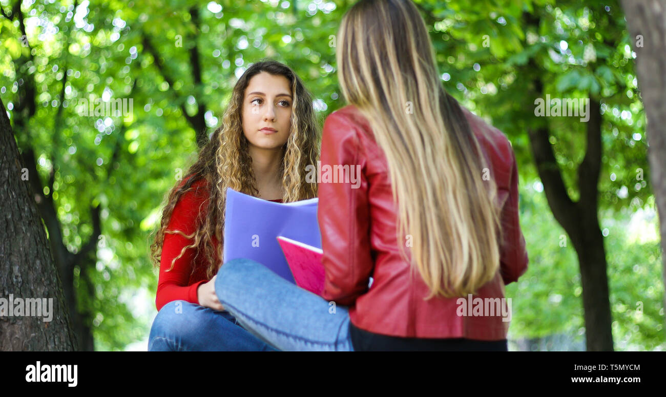 Two students studying together sitting on a bench outdoor Stock Photo ...