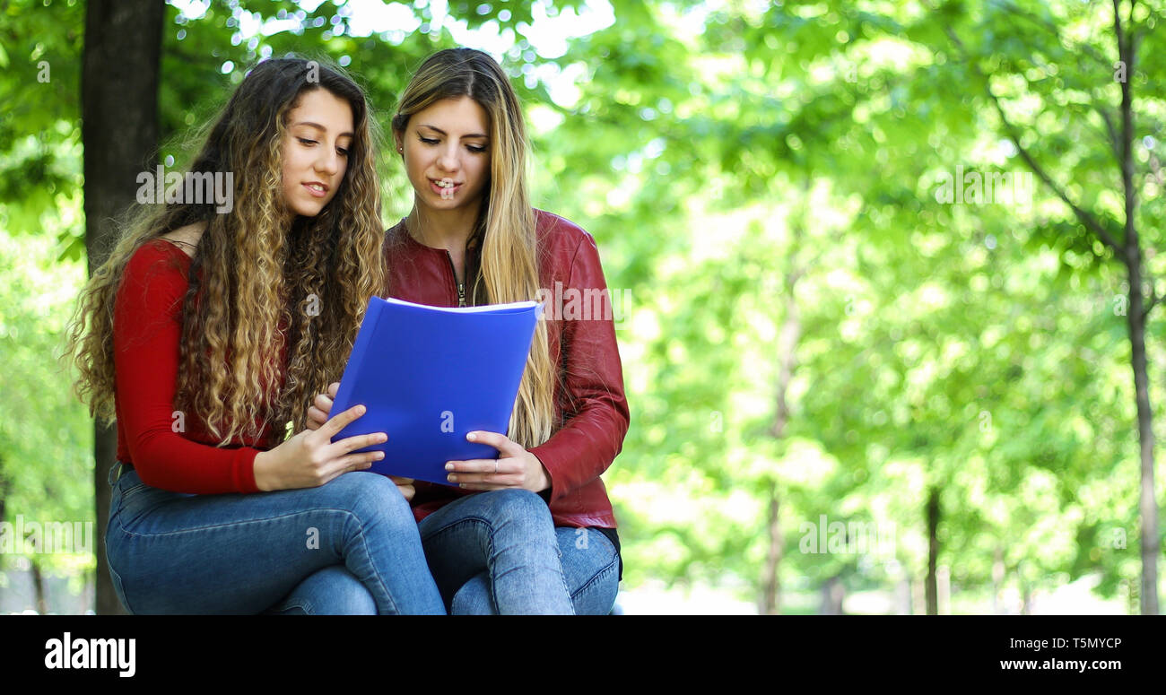 Two students studying together sitting on a bench outdoor Stock Photo ...