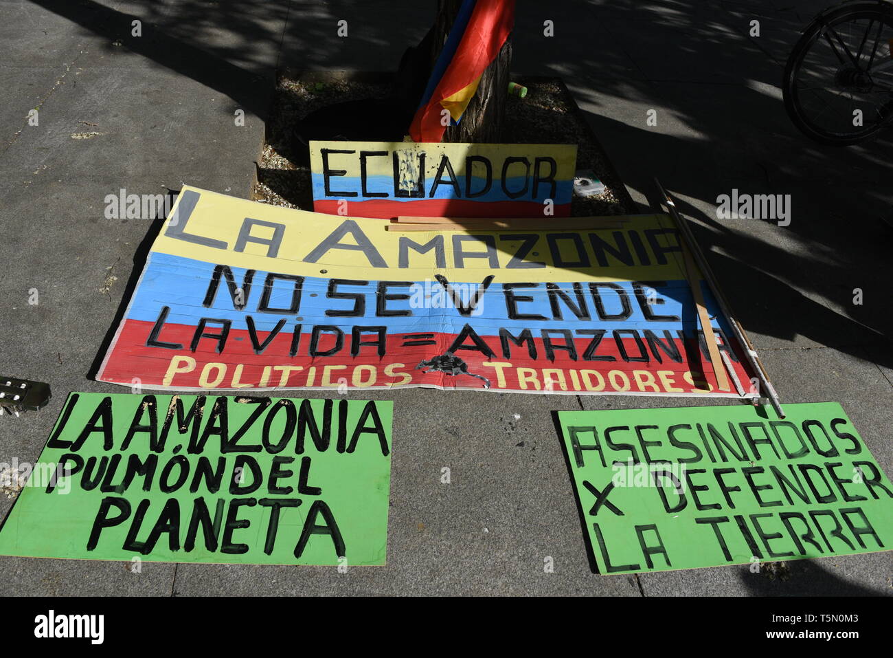 Placards with messages to protect the Amazon Jungle are seen lying on a ...