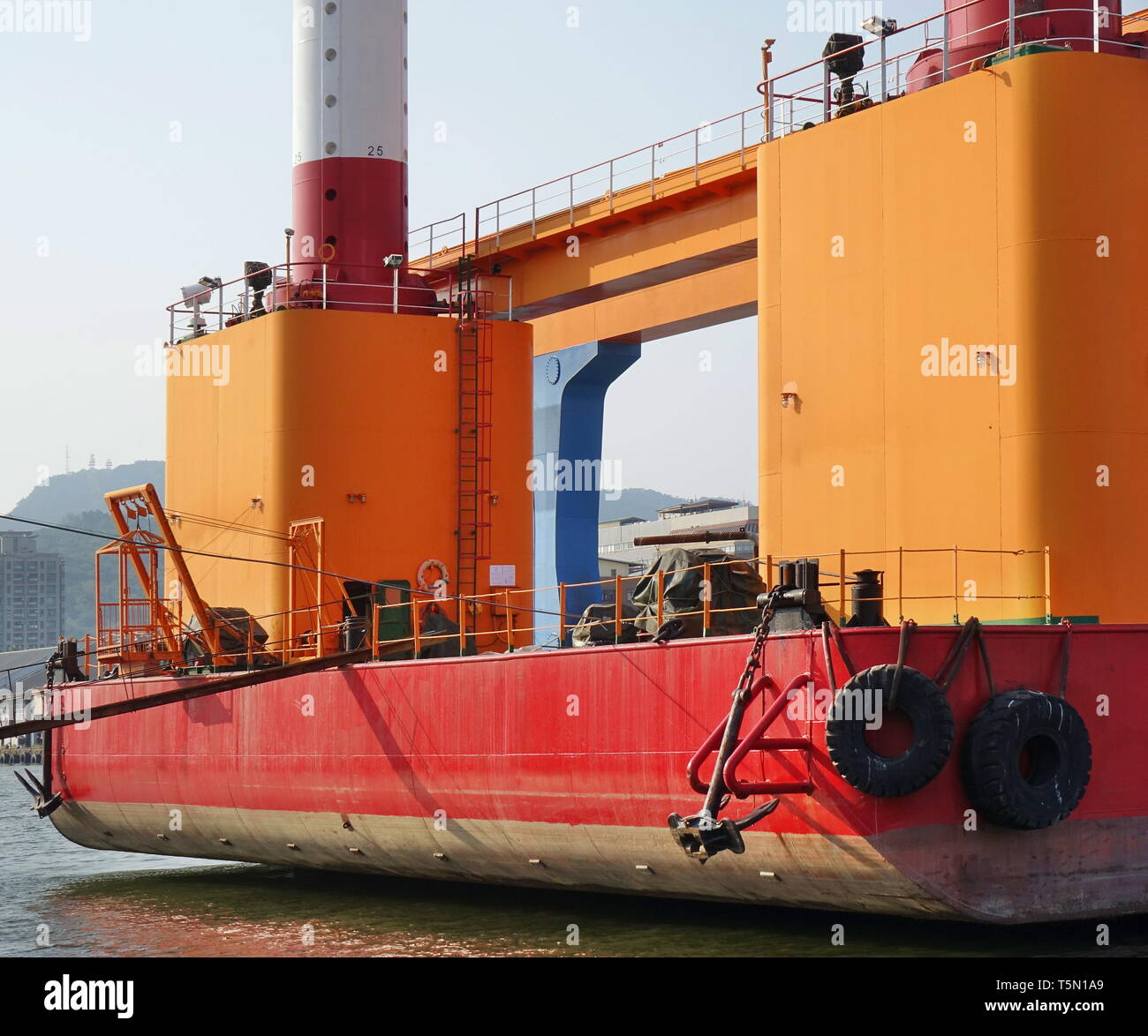 A large floating construction rig used for bridge building Stock Photo ...