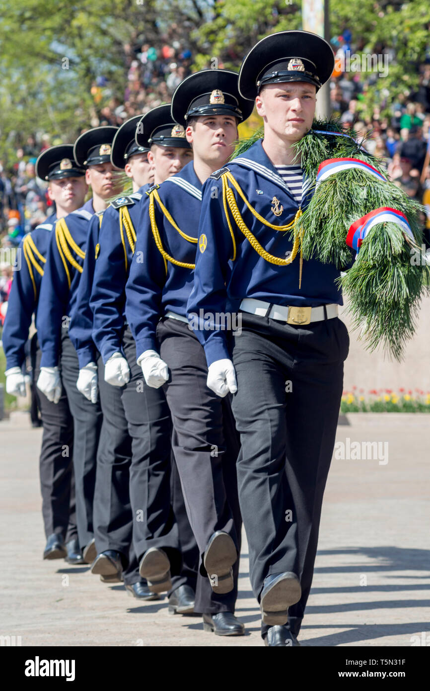 Russia, Nakhodka, 05/09/2017. Young military sailors in parade uniform ...