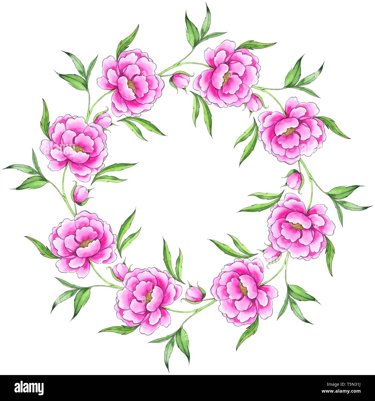 Floral round frame with pink flowers Stock Photo - Alamy
