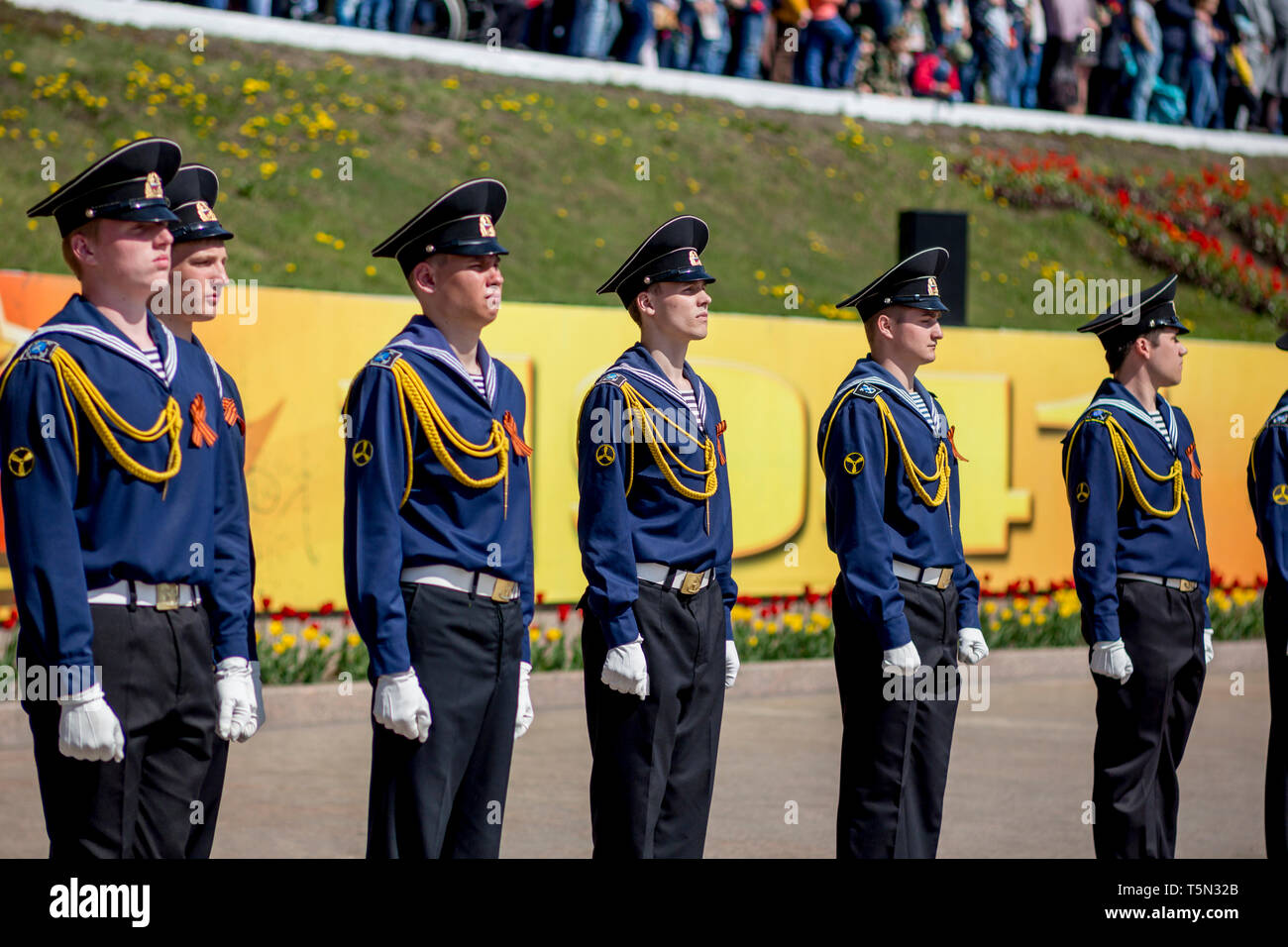 Russia, Nakhodka, 05/09/2017. Young military sailors in parade uniform ...