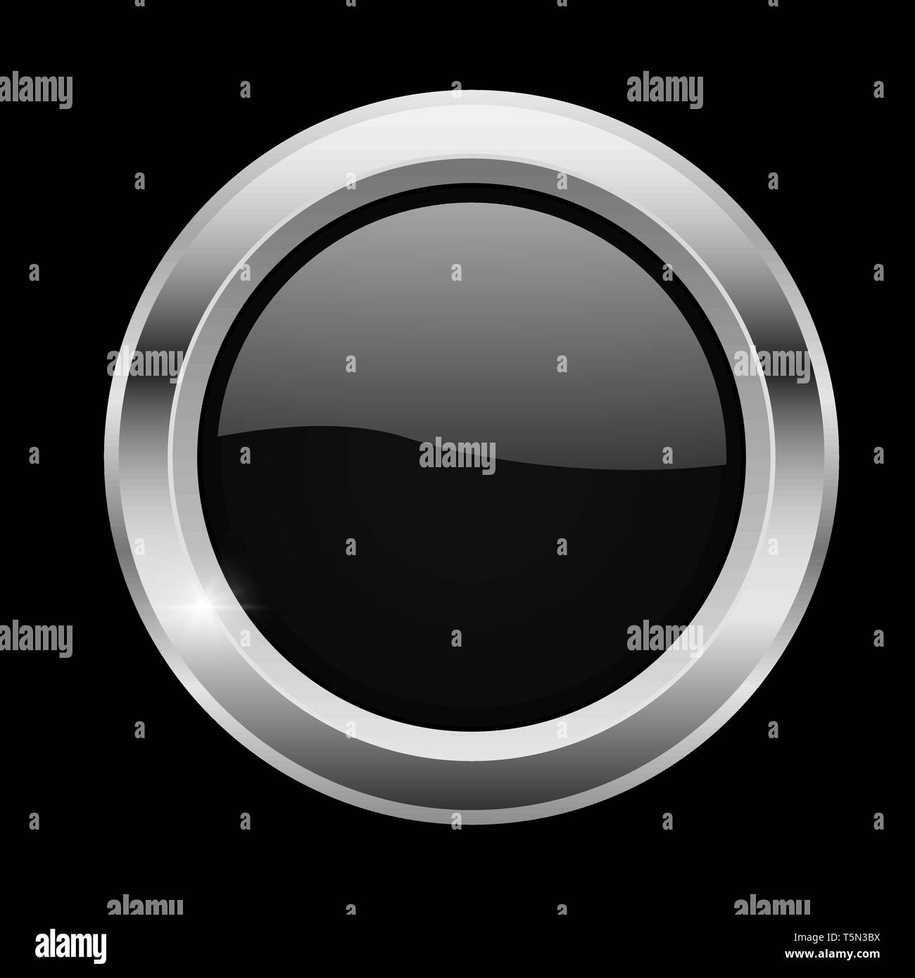 Black round glass button with chrome frame. On black background Stock ...