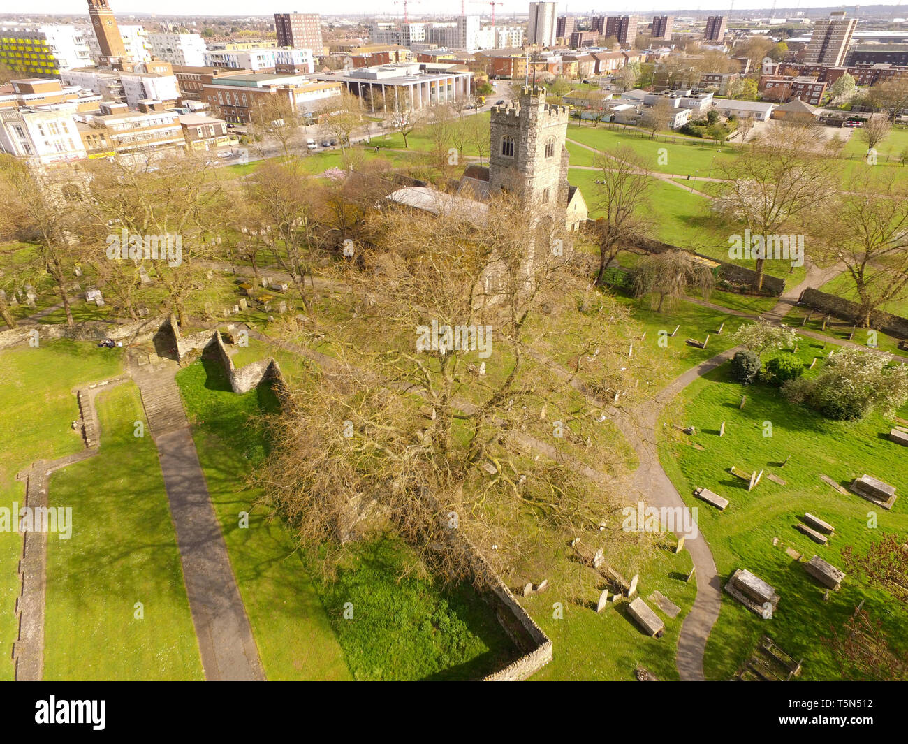 Aerial Drone View of Barking Abbey ruins and scheduled ancient monument ...