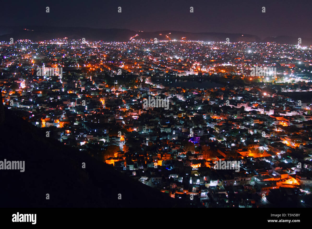 An night aerial view of Udaipur City. One of main tourist center of ...