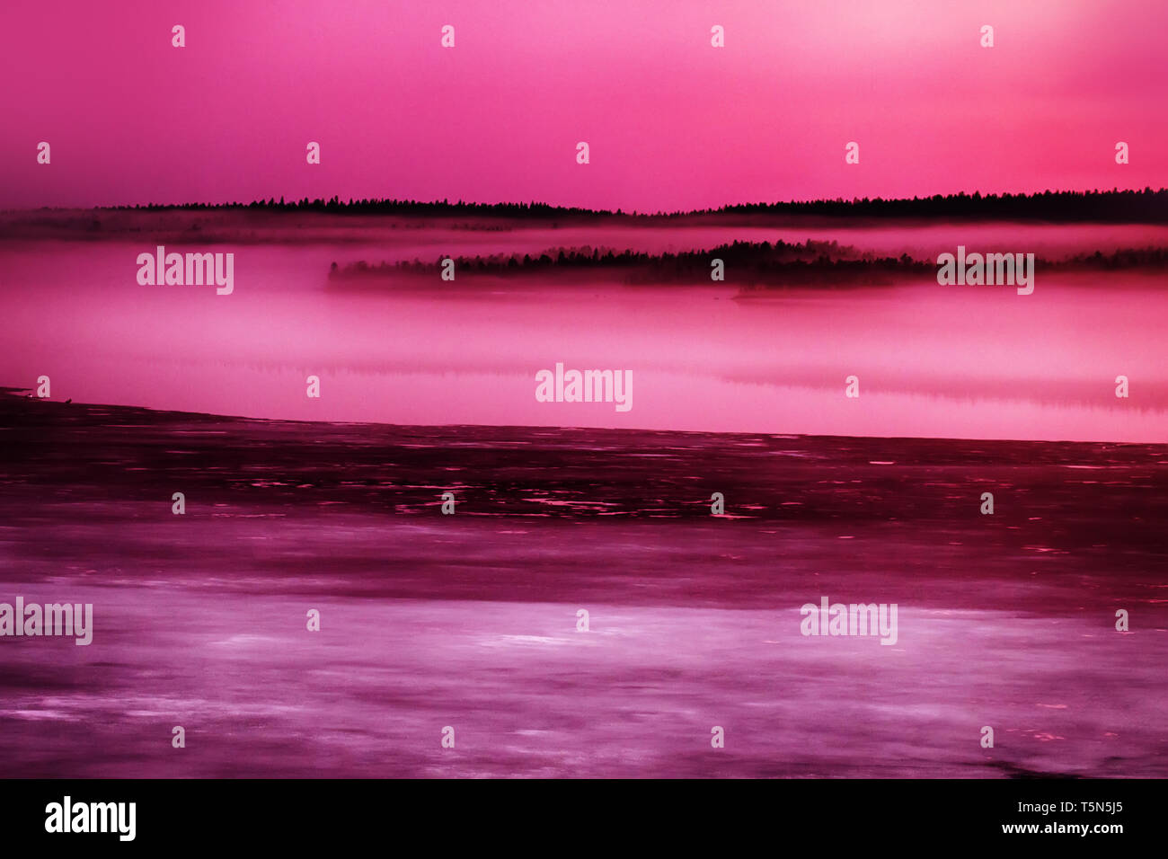 Red lake-forest landscape with fog. Fantastic world Stock Photo - Alamy