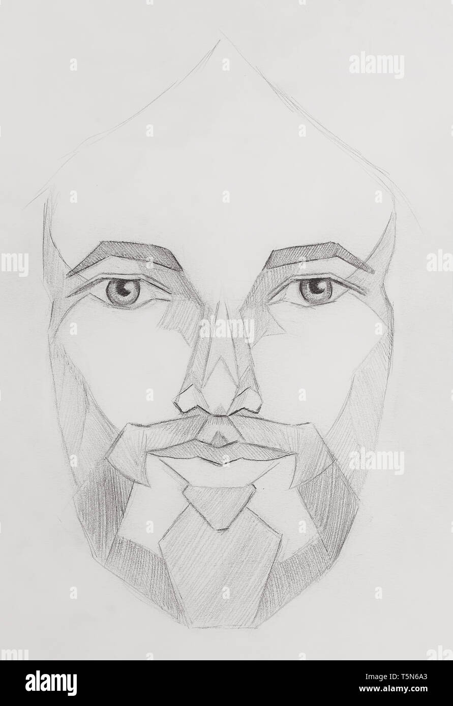 pencils drawing of Jesus in geometrical shapes, on paper, eye contact ...