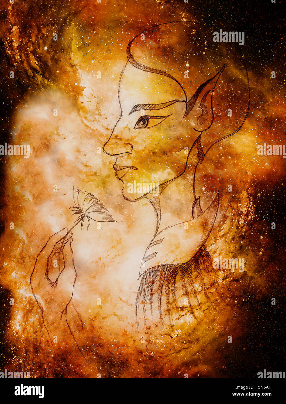 Mystic woman with flower. Drawing in cosmic space Stock Photo - Alamy