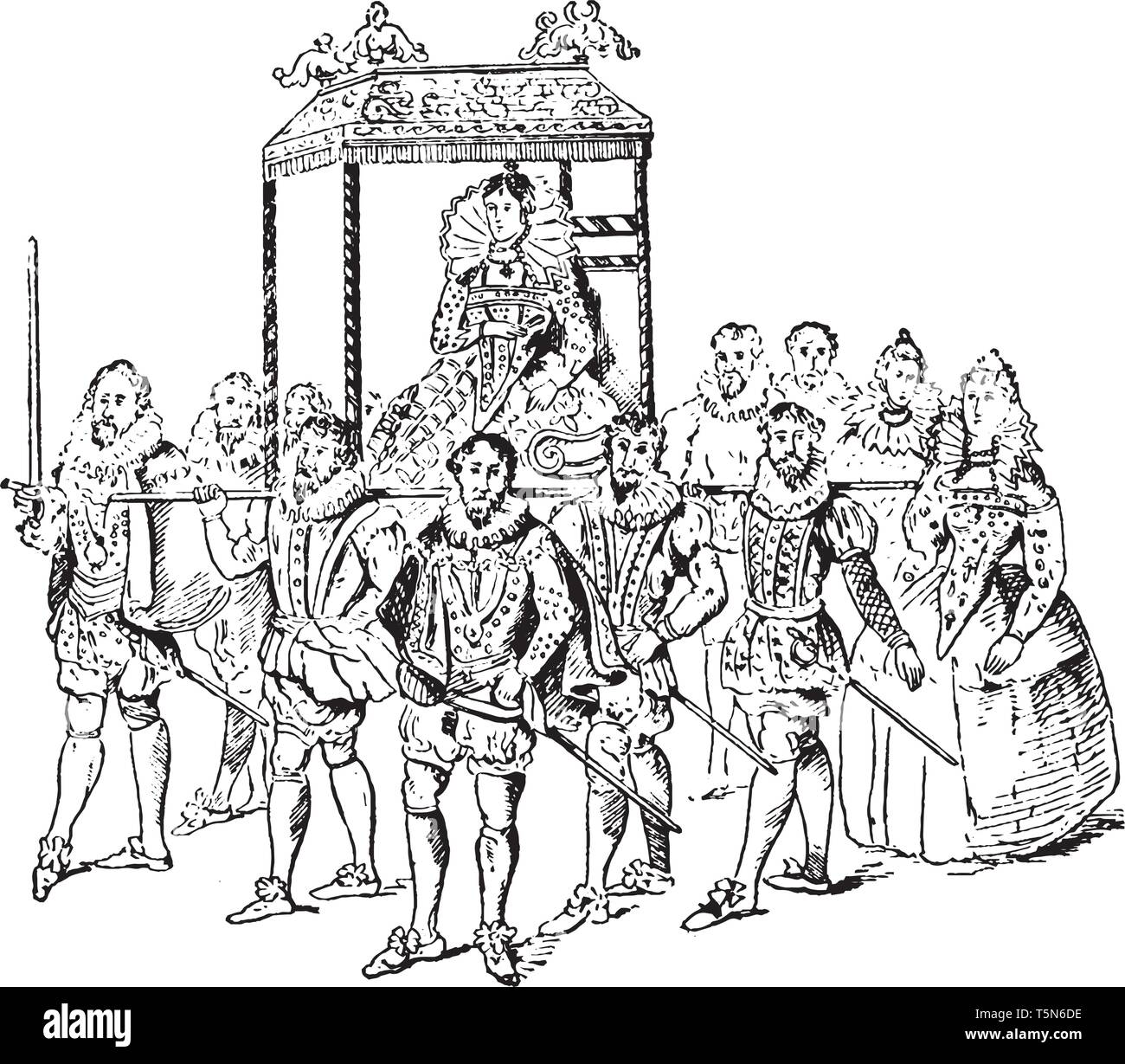 This illustration represents Elizabeth I going in state, vintage line ...