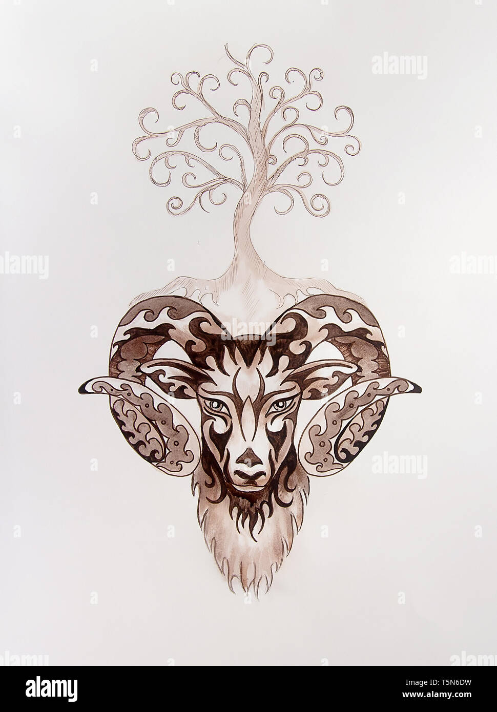 ornamental painting of Aries, sacred animal symbol and tree of life ...