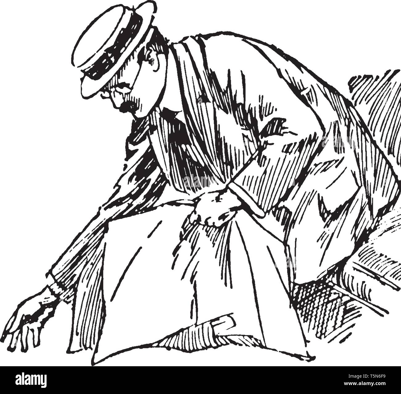 A man bending down to pick something up, vintage line drawing or ...