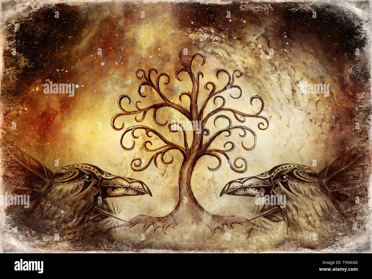 pair of ravens with tree of life symbol Stock Photo - Alamy