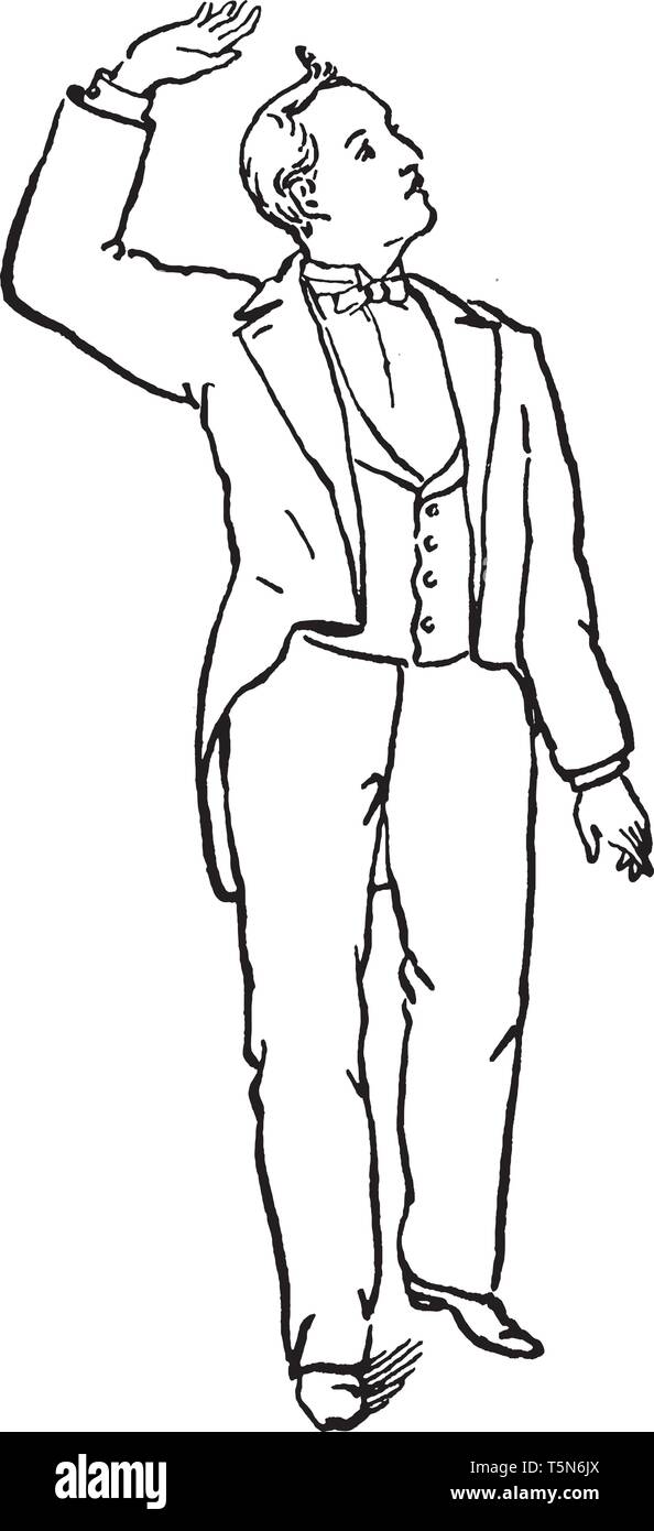 A man raising right hand above head, a gesture of exaltation, vintage ...