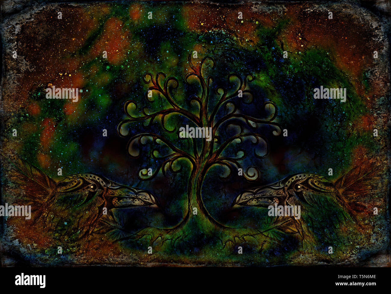 pair of ravens with tree of life symbol Stock Photo - Alamy