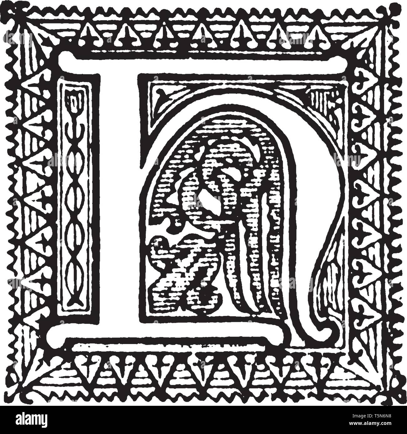 An ornamental and decorative letter H, vintage line drawing or ...