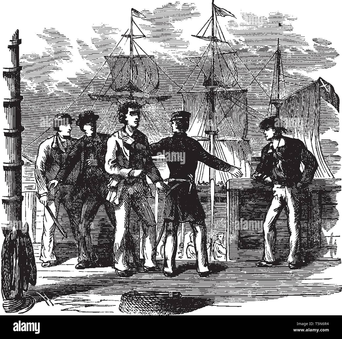 Group of men standing in ship and talking themselves, vintage line ...