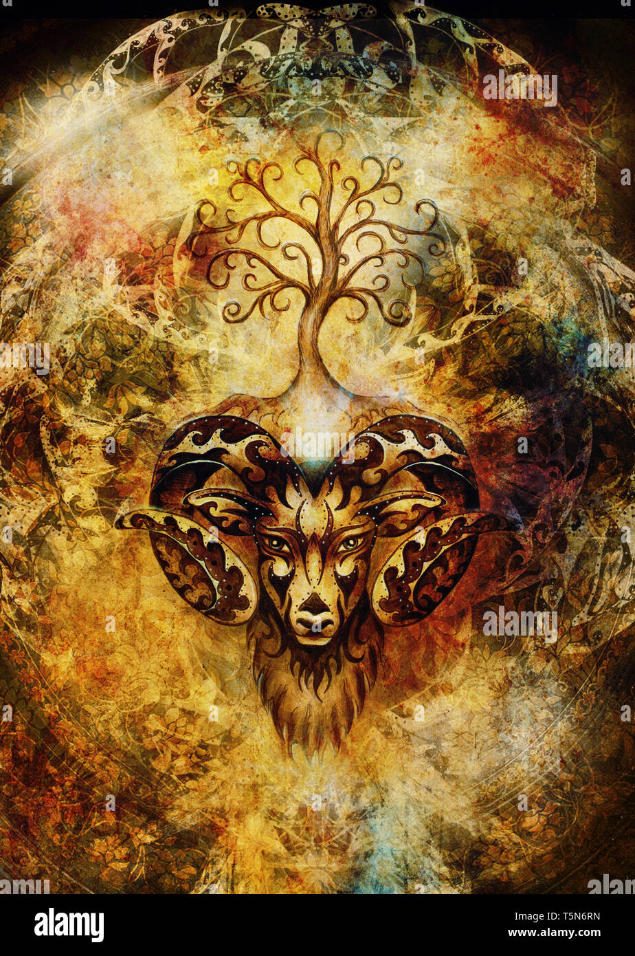 ornamental painting of Aries, sacred animal symbol and tree of life ...