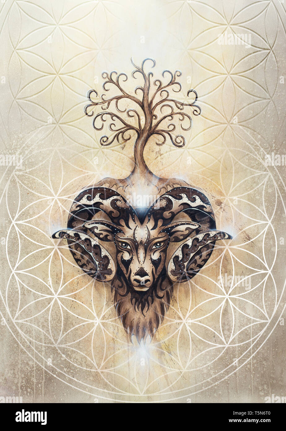 ornamental painting of Aries, sacred animal symbol, tree of life and ...