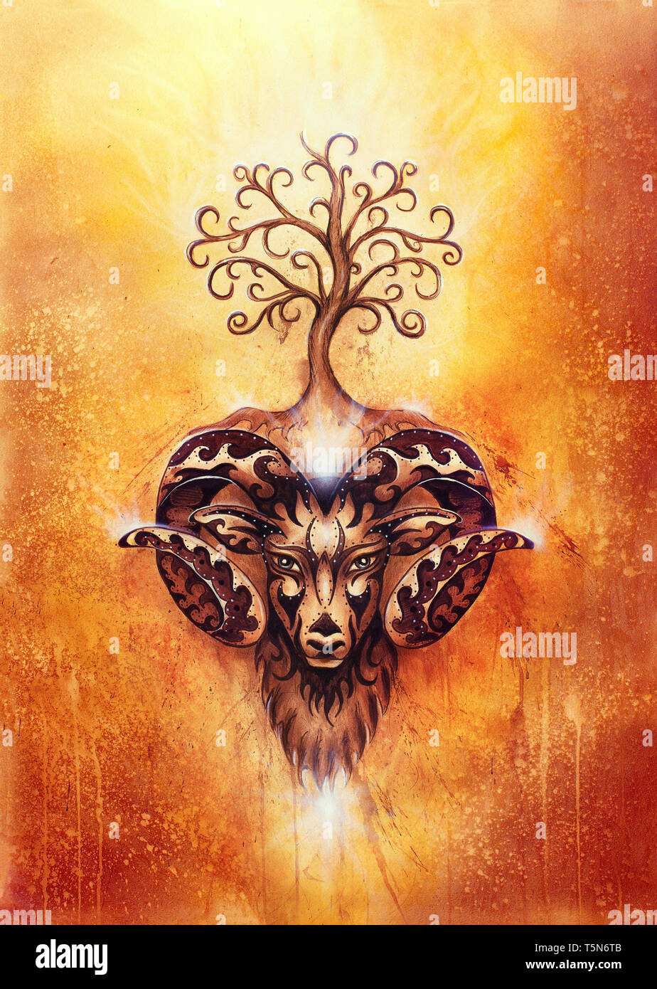 ornamental painting of Aries, sacred animal symbol and tree of life ...