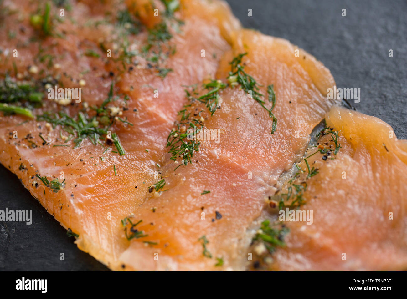 Slices of rainbow trout fillet, Oncorhynchus mykiss, from a fish that ...