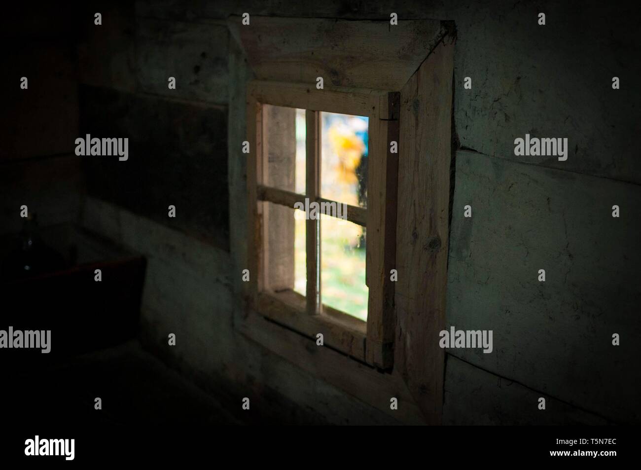 Wooden window indoors in old house Stock Photo - Alamy
