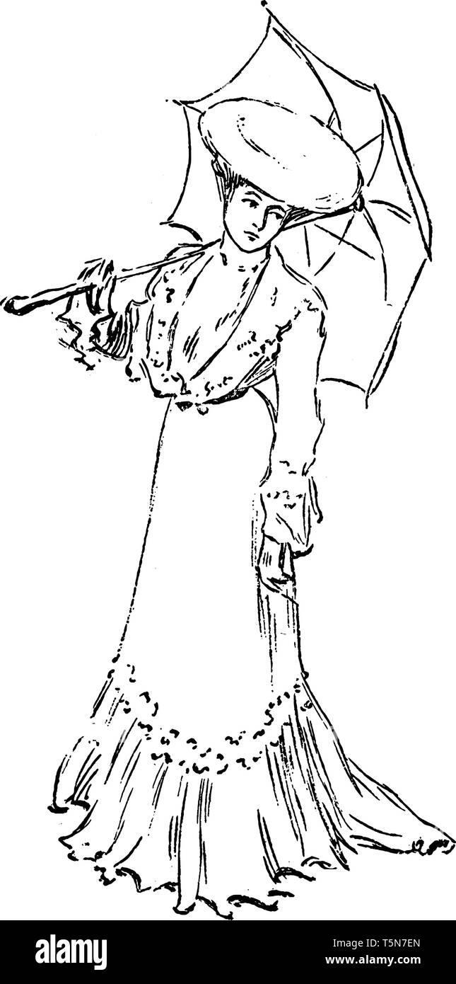 A woman holding a parasol, vintage line drawing or engraving ...