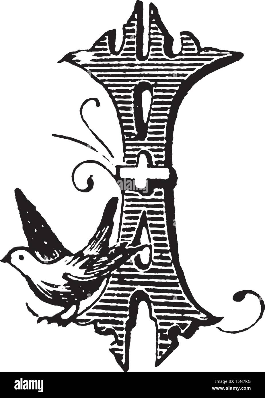 An ornamental letter I with bird, vintage line drawing or engraving ...