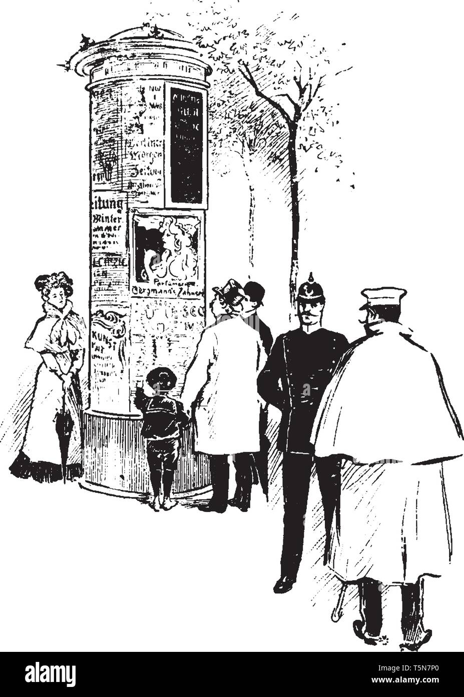 People and child around pillar on street, vintage line drawing or ...