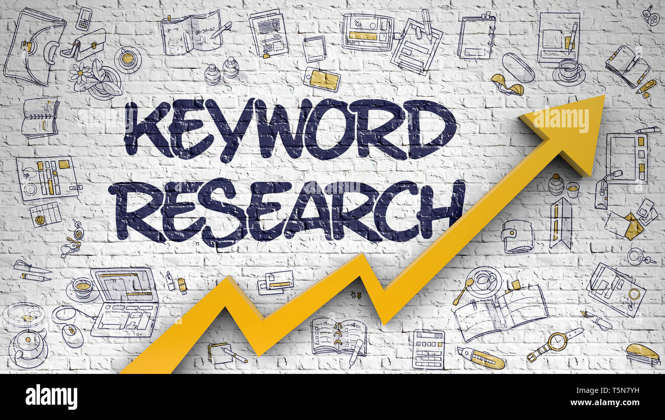 Keyword Research Drawn on White Brick Wall. Illustration with Hand Drawn Icons. Keyword Research ...