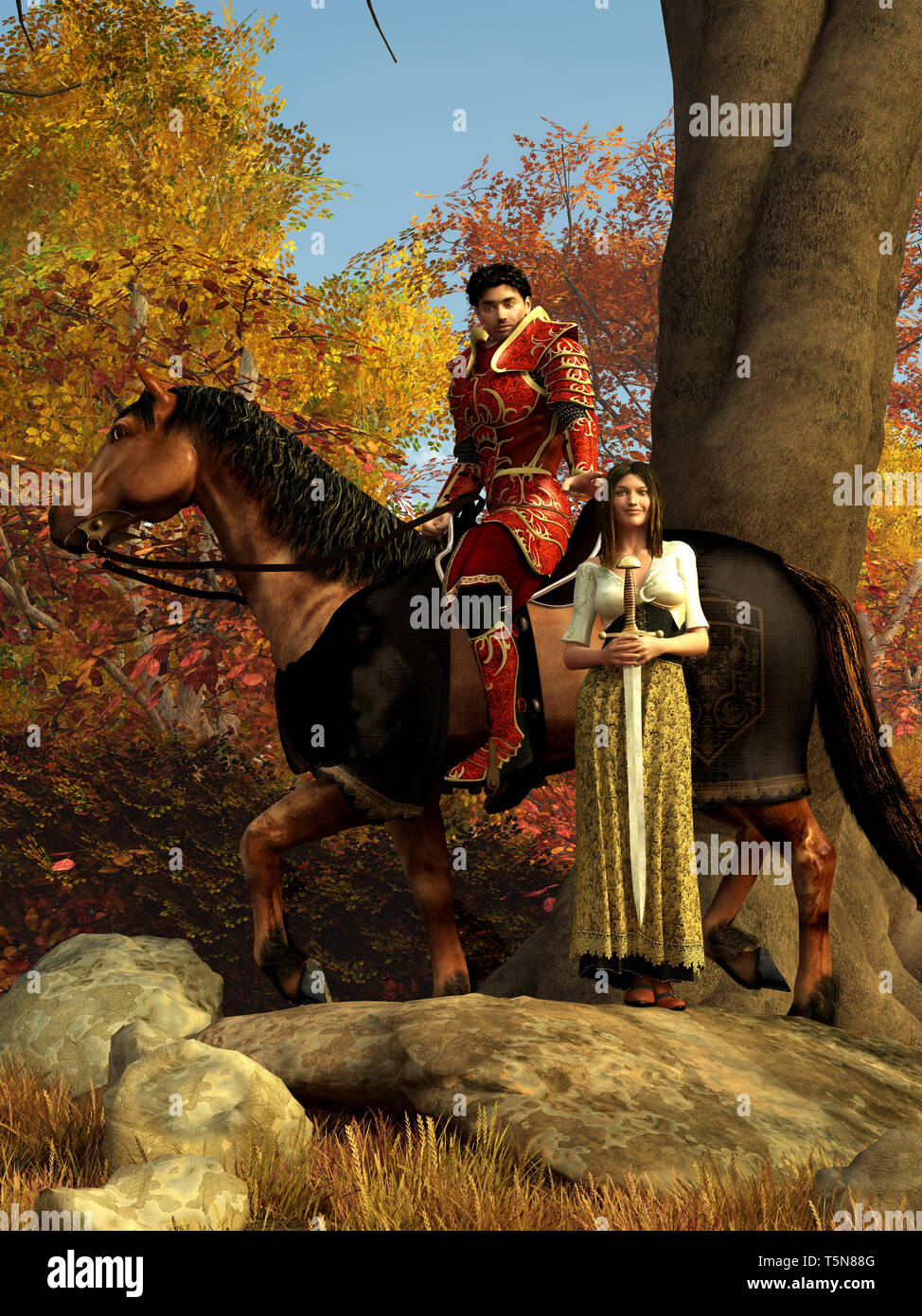 A knight in red plate armor on horseback reaches down to retrieve his ...