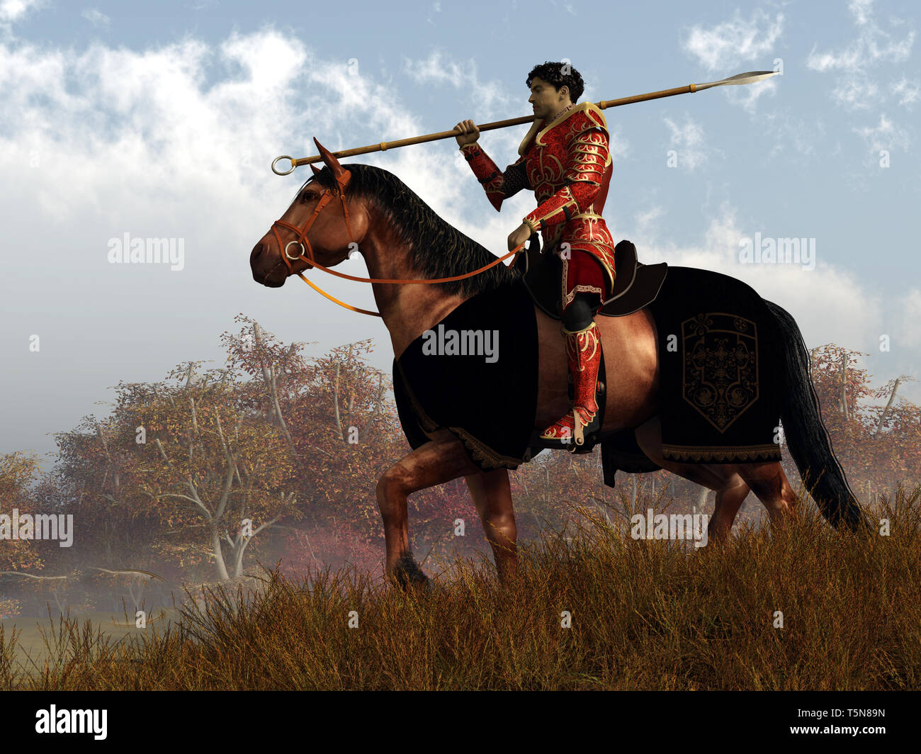 A knight in red armor rides on horseback through an autumn landscape ...