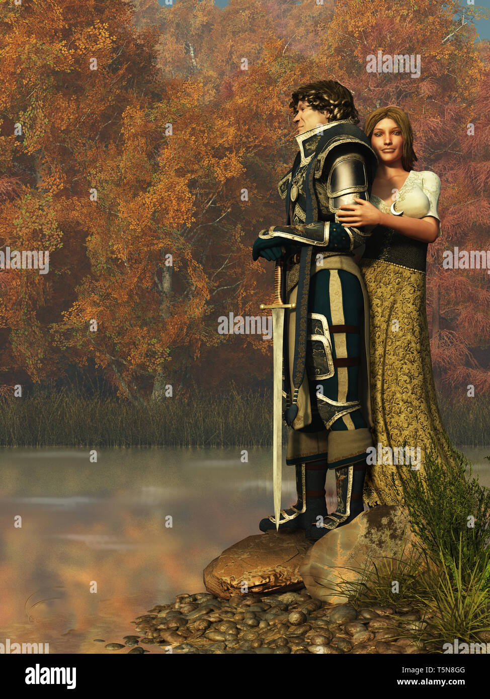 A knight in blue armor rests his hands on his sword and looks out over ...