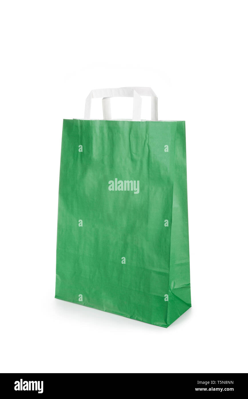 Green Paper bag with handles and copy space isolated on white ...