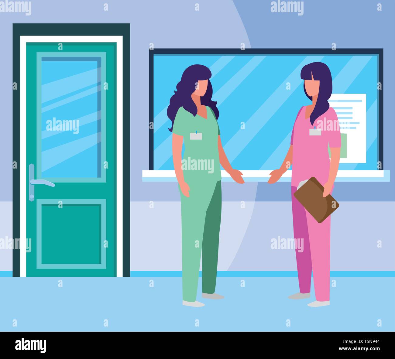 female medicine workers in hospital reception vector illustration ...