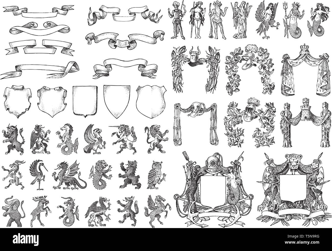 Heraldry in vintage style. Engraved coat of arms with animals, birds ...