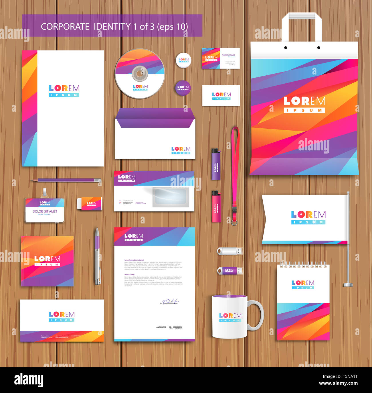 White corporate id template design with violet, yellow, pink abstract ...