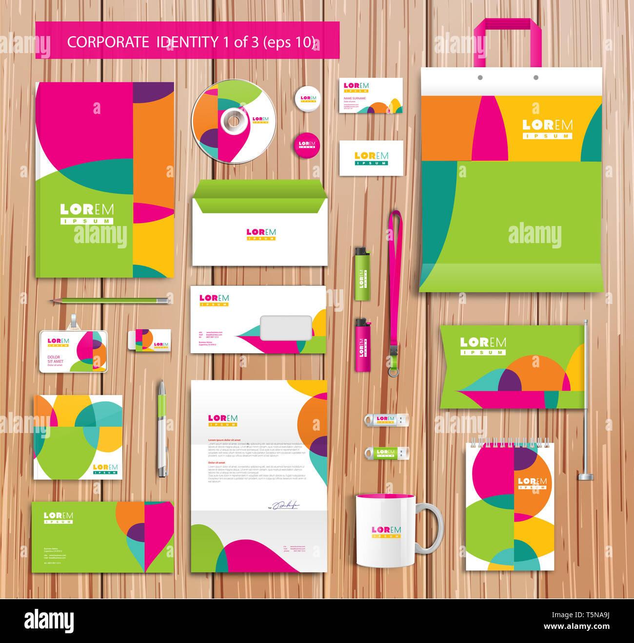 White corporate id template design with green, yellow, pink abstract ...