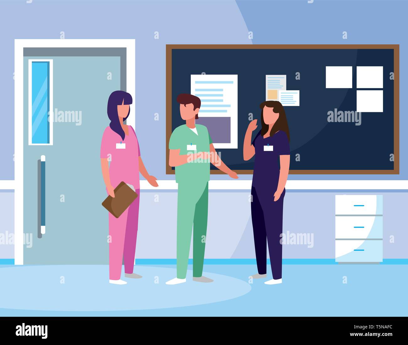 group medicine workers in hospital corridor vector illustration design ...