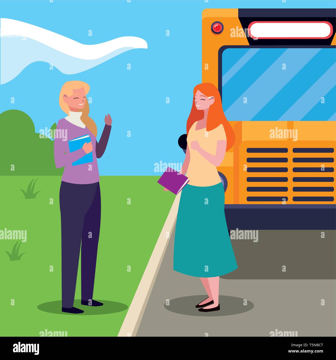 female teachers couple in stop bus characters vector illustration ...