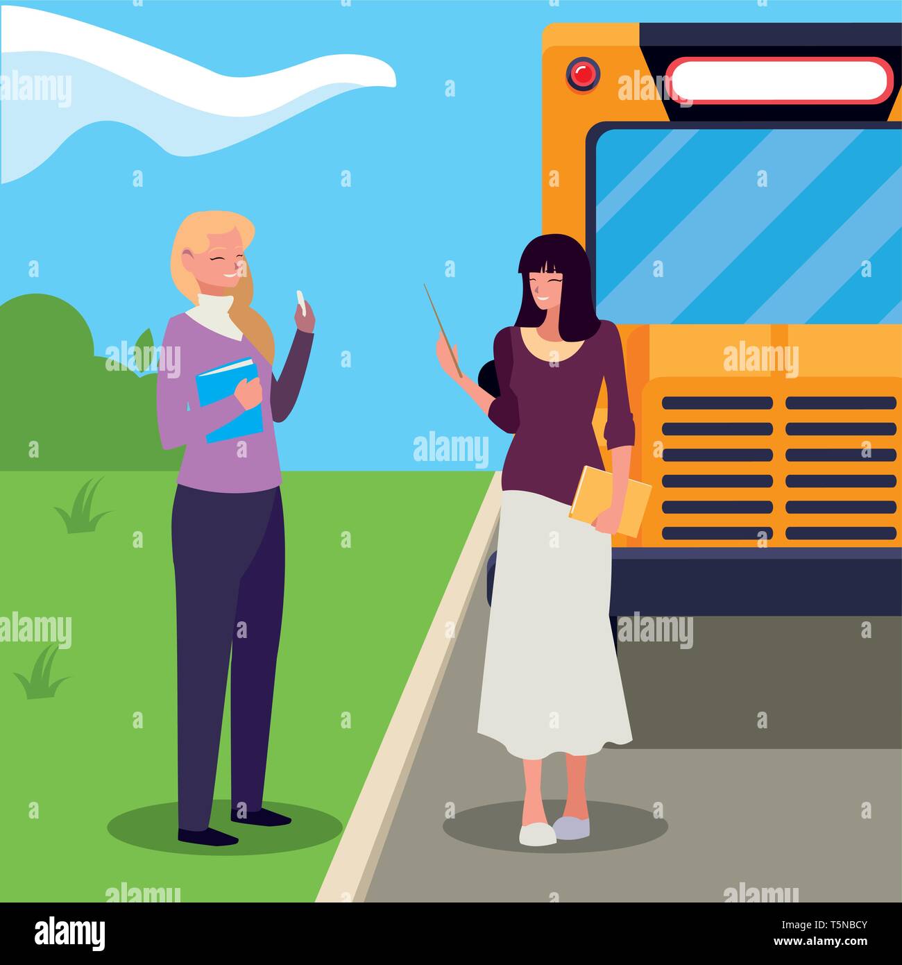 female teachers couple in stop bus characters vector illustration ...