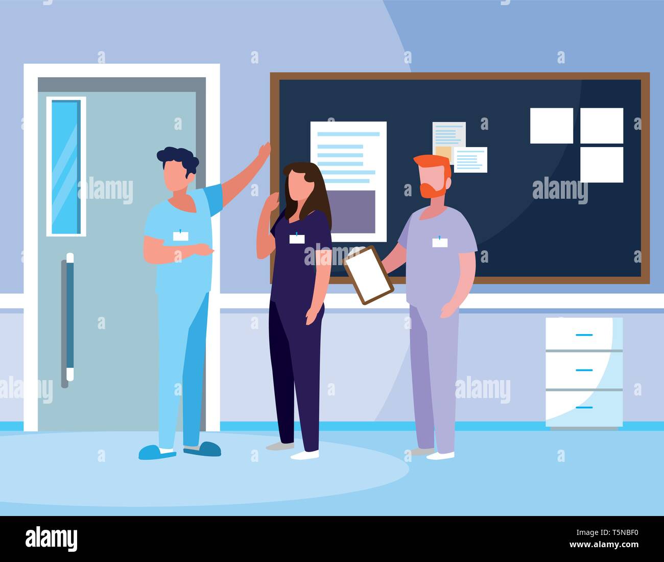 group medicine workers in hospital corridor vector illustration design ...