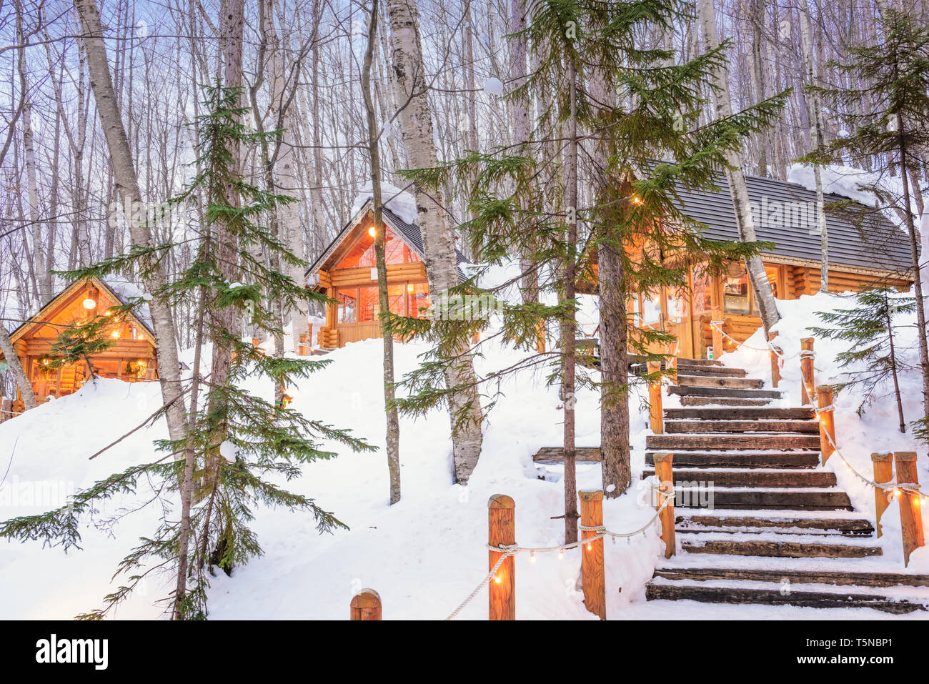 Furano, Hokkaido, Japan winter cabins at twilight Stock Photo - Alamy