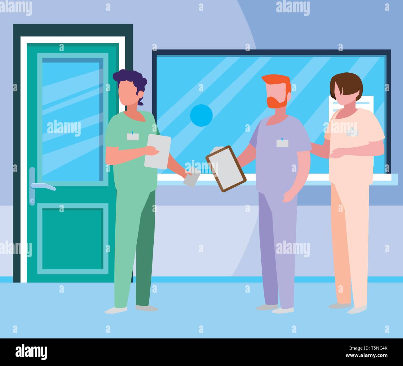 group medicine workers in hospital reception vector illustration design ...